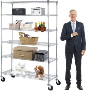 6-tier steel wire shelving rack, ultradurable commercial-grade nsf-certified storage rack with wheels, (350 lbs capacity per shelf) storage rolling organizer wire rack for garage restaurant kitchen