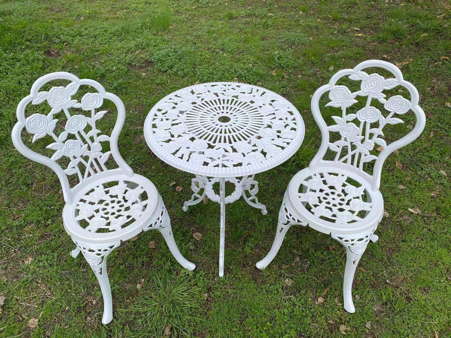 C/G 3 Piece Bistro Set,Outdoor Patio Set,Anti-Rust Cast Aluminum Bistro Table Set for Park Yard Front Porch Furniture(White)