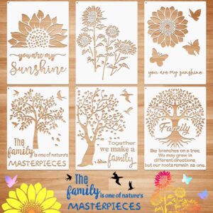 6 pieces sunflower stencil kit, reusable family tree stencil flower butterfly painting templates you are my sunshine stencil with metal open ring for painting on wood wall decor