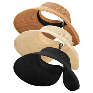 meinicy 3pcs foldable straw sun visor hats for women, wide brim ponytail summer beach hat, protect your skin easily (nature+black+beige 3pcs)…