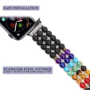 Casililor 7 Chakra Healing Bracelet Lava Rock Beaded Band Compatible with Apple Watch SE 8 7 6 5 4 3 2 1 iwatch 38mm 40mm 42mm 44mm with Stainless Steel Adapter