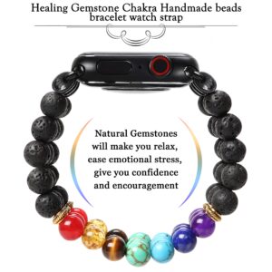 Casililor 7 Chakra Healing Bracelet Lava Rock Beaded Band Compatible with Apple Watch SE 8 7 6 5 4 3 2 1 iwatch 38mm 40mm 42mm 44mm with Stainless Steel Adapter