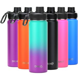 drinco stainless steel water bottle spout lid vacuum insulated double wall water bottle wide mouth (40oz 32oz 22oz 18oz 14oz) leak proof keeps cold or hot (22 oz, 22oz ombre fuschia teal)