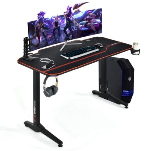 arlime ergonomic gaming desk, t-shaped computer desk w/full desk mouse pad, cup holder & headphone hook, 2 cable management holes, gaming workstation desk for office, living room