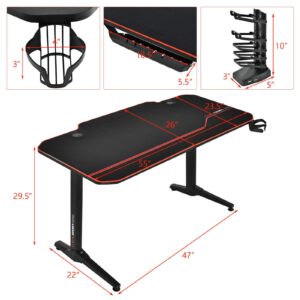 ARLIME Ergonomic Gaming Desk, T-shaped Computer Desk W/Full Desk Mouse Pad, Cup Holder & Headphone Hook, 2 Cable Management Holes, Gaming Workstation Desk for Office, Living Room