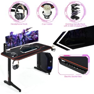 ARLIME Ergonomic Gaming Desk, T-shaped Computer Desk W/Full Desk Mouse Pad, Cup Holder & Headphone Hook, 2 Cable Management Holes, Gaming Workstation Desk for Office, Living Room