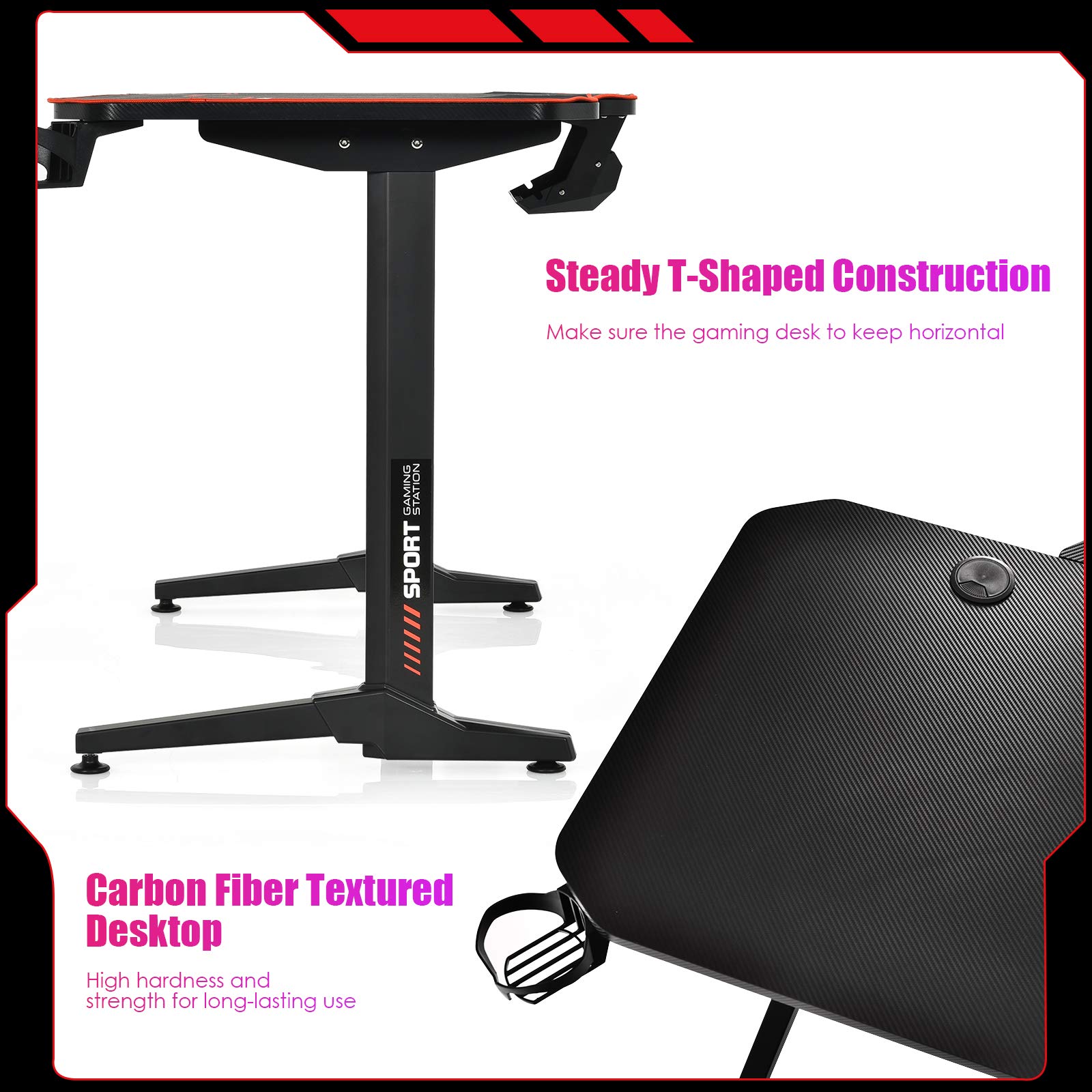 ARLIME Ergonomic Gaming Desk, T-shaped Computer Desk W/Full Desk Mouse Pad, Cup Holder & Headphone Hook, 2 Cable Management Holes, Gaming Workstation Desk for Office, Living Room