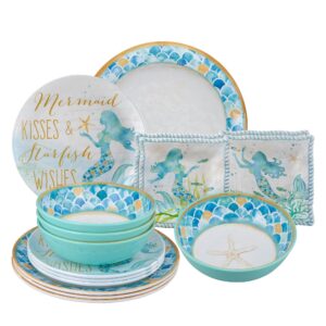 upware 16-piece melamine dinnerware set, includes dinner plates, salad plates, dessert plates, bowls, service for 4. (mermaid)