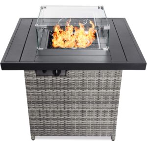 best choice products 32in fire pit table 50,000 btu outdoor wicker patio propane gas w/glass wind guard, aluminum tabletop, glass rocks, tank storage, lid, cover - ash gray