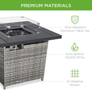 Best Choice Products 32in Fire Pit Table 50,000 BTU Outdoor Wicker Patio Propane Gas w/Glass Wind Guard, Aluminum Tabletop, Glass Rocks, Tank Storage, Lid, Cover - Ash Gray