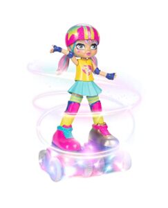 jakks pacific rock n rollerskate doll rainbow riley light up remote control rollerskating doll - plays music and skates!, 10" h