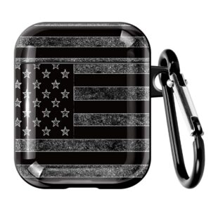 black and white american flag us flag airpods case cover,for airpods 2 & 1 silicone protective case dust guard shockproof cover skin with carabiner for girls women (black & white american flag)