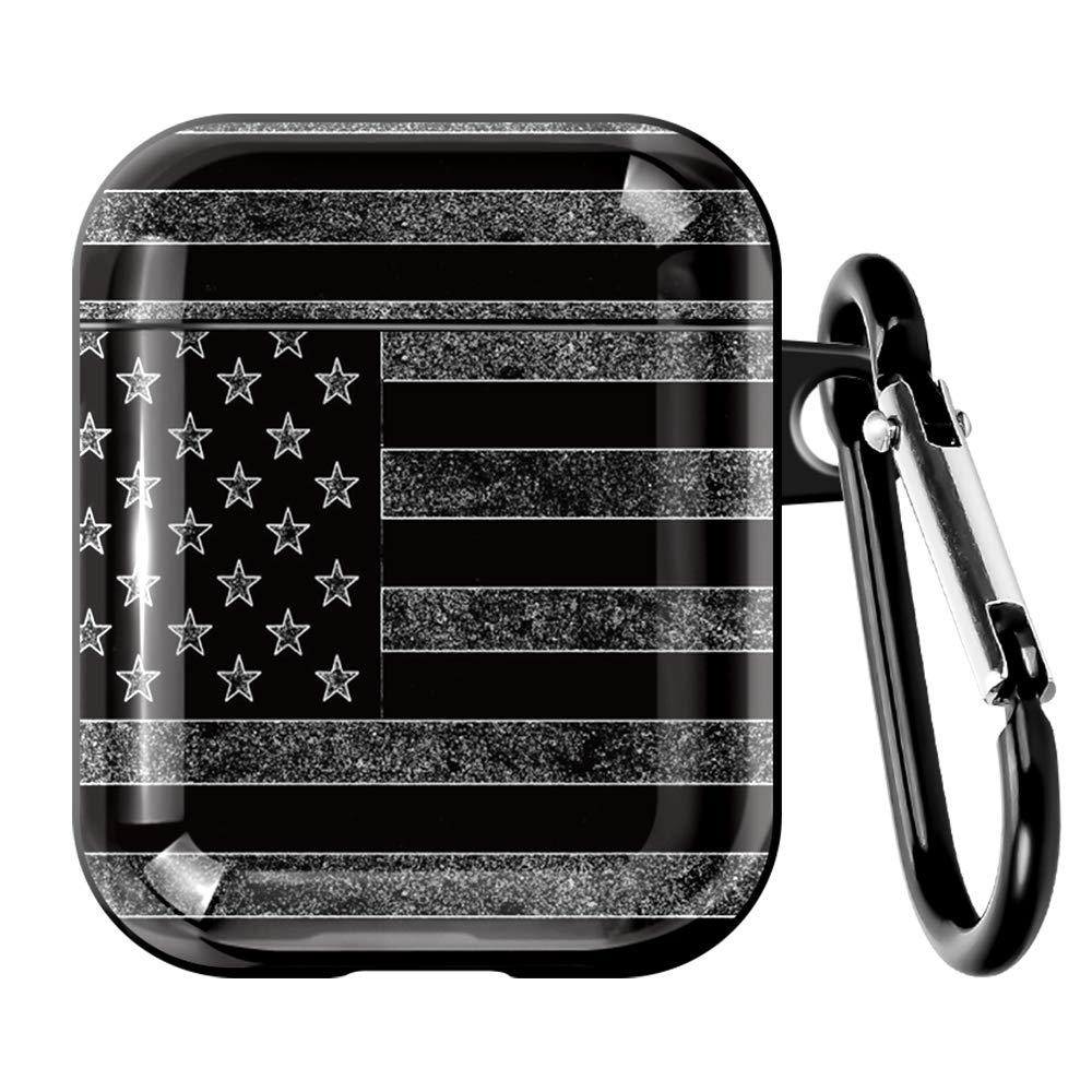 Black and White American Flag US Flag AirPods Case Cover,for Airpods 2 & 1 Silicone Protective Case Dust Guard Shockproof Cover Skin with Carabiner for Girls Women (Black & White American Flag)