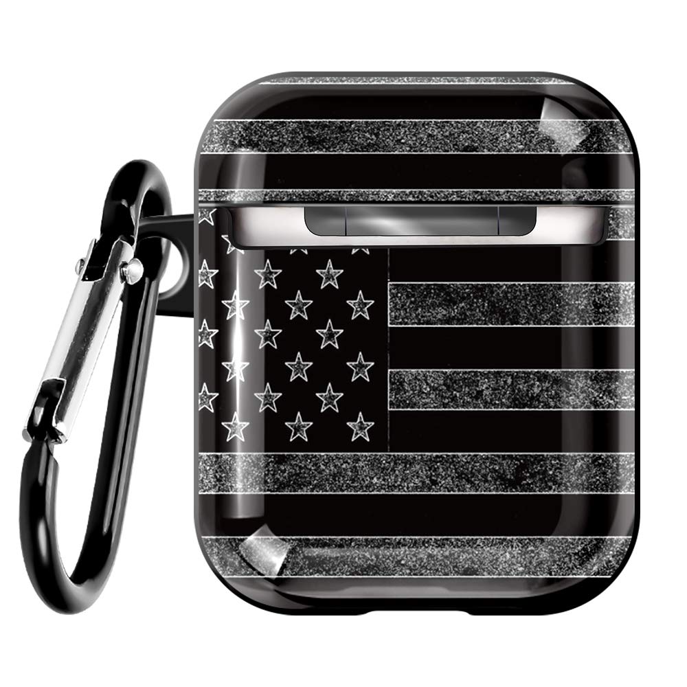 Black and White American Flag US Flag AirPods Case Cover,for Airpods 2 & 1 Silicone Protective Case Dust Guard Shockproof Cover Skin with Carabiner for Girls Women (Black & White American Flag)