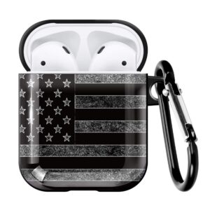 Black and White American Flag US Flag AirPods Case Cover,for Airpods 2 & 1 Silicone Protective Case Dust Guard Shockproof Cover Skin with Carabiner for Girls Women (Black & White American Flag)