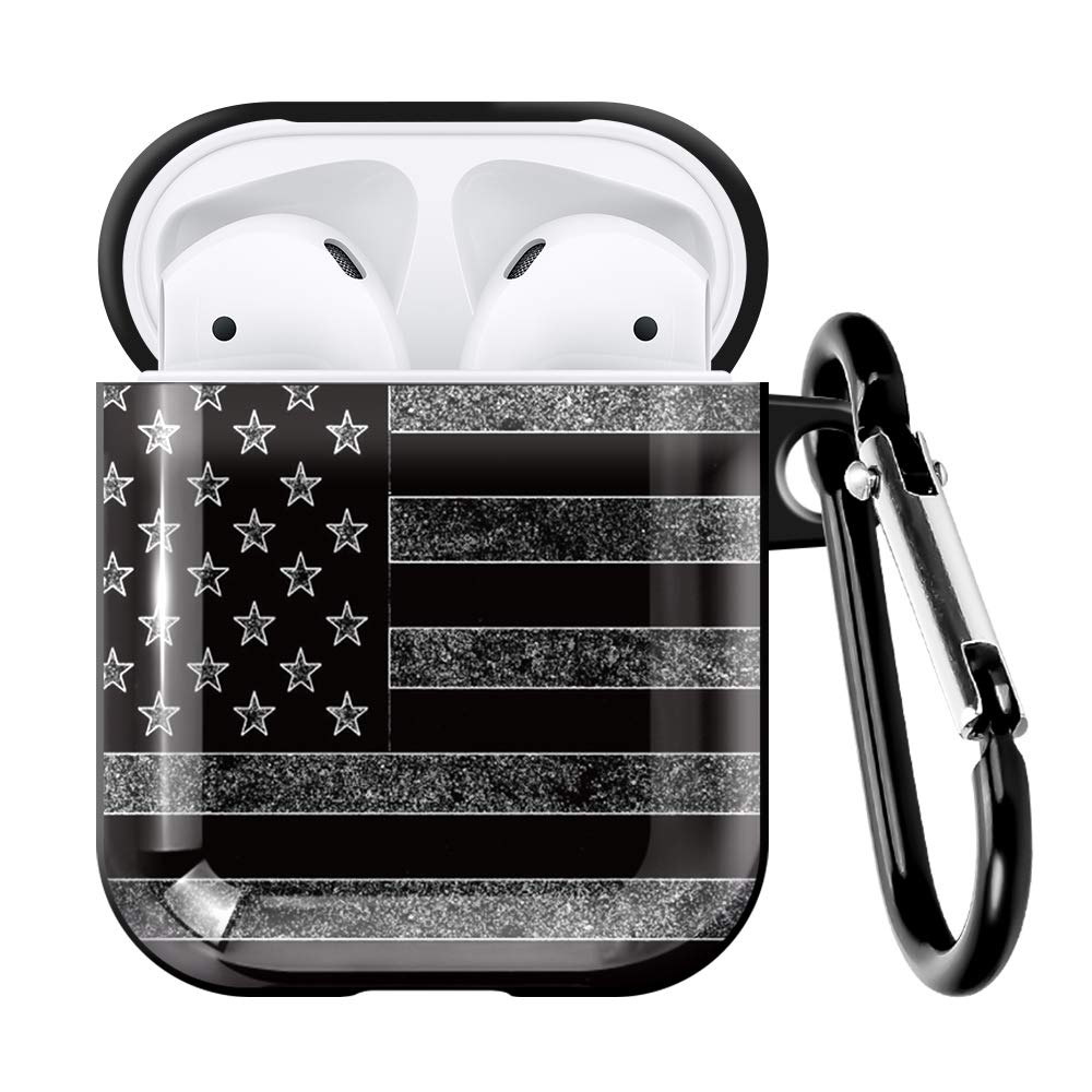 Black and White American Flag US Flag AirPods Case Cover,for Airpods 2 & 1 Silicone Protective Case Dust Guard Shockproof Cover Skin with Carabiner for Girls Women (Black & White American Flag)