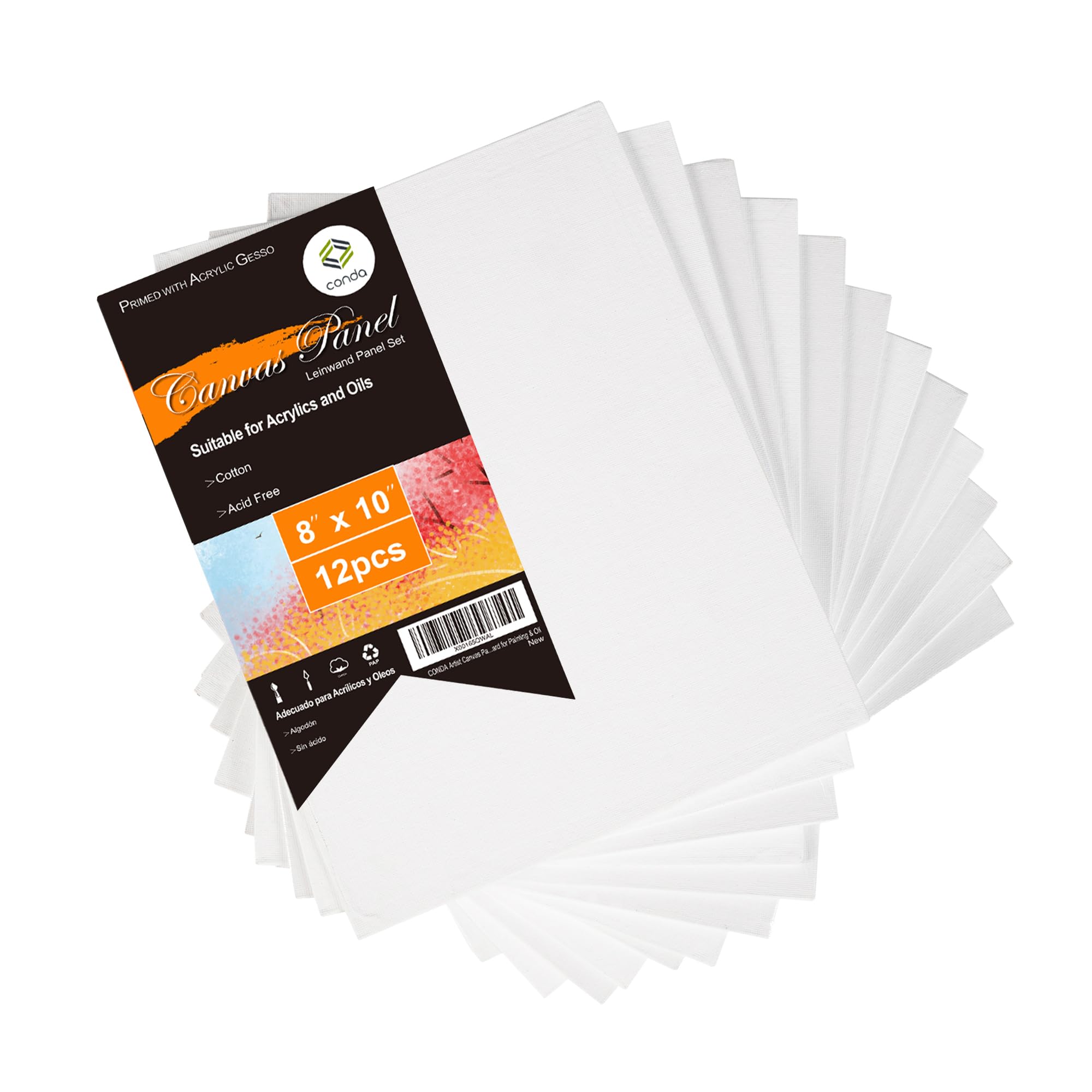 conda Canvases for Painting 8 x 10 inch, 48 Pack Value Bulk Blank White Canvas Boards, Primed, 100% Cotton, Quality Acid Free Artist Canvas Panels for Painting Acrylics Watercolor & Oil