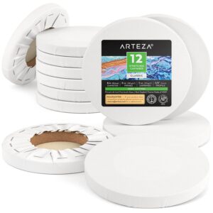 arteza round stretched canvas, 6 inch diameter, pack of 12, blank white canvas boards for acrylic, oil and gouache painting