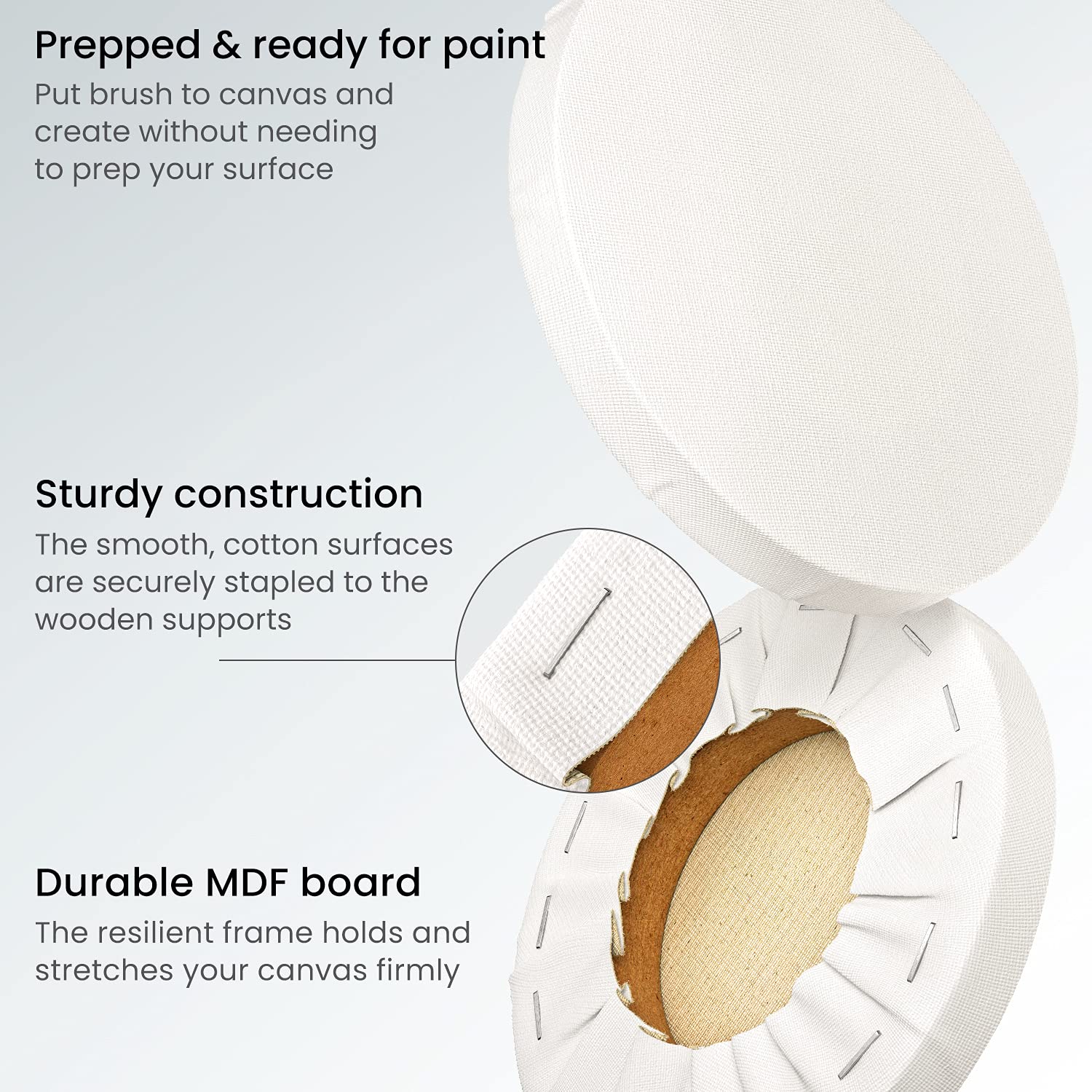 ARTEZA Round Stretched Canvas, 6 Inch Diameter, Pack of 12, Blank White Canvas Boards for Acrylic, Oil and Gouache Painting