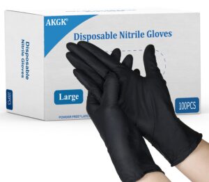 akgk nitrile gloves, 100 pcs disposable black nitrile gloves 4 mil large, cleaning gloves for cooking, household & more, powder-free, latex-free