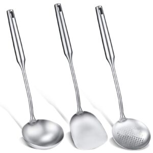 patelai 3 pcs 15in wok spatula and ladle, 304 stainless steel wok utensils all metal, utensils skimmer ladle tool set for carbon steel cooking baking