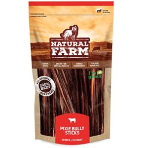 natural farm pizzle bully sticks (10 inch, 12 pack), pixie chew, extra-thin pet treats - grain-free, high protein, best rawhide alternative for small, puppies or senior dogs