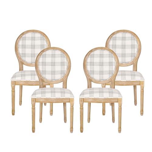 Christopher Knight Home Phinnaeus Dining Chair Set, Set of 4, Wood, Gray Plaid + Light Beige + Natural