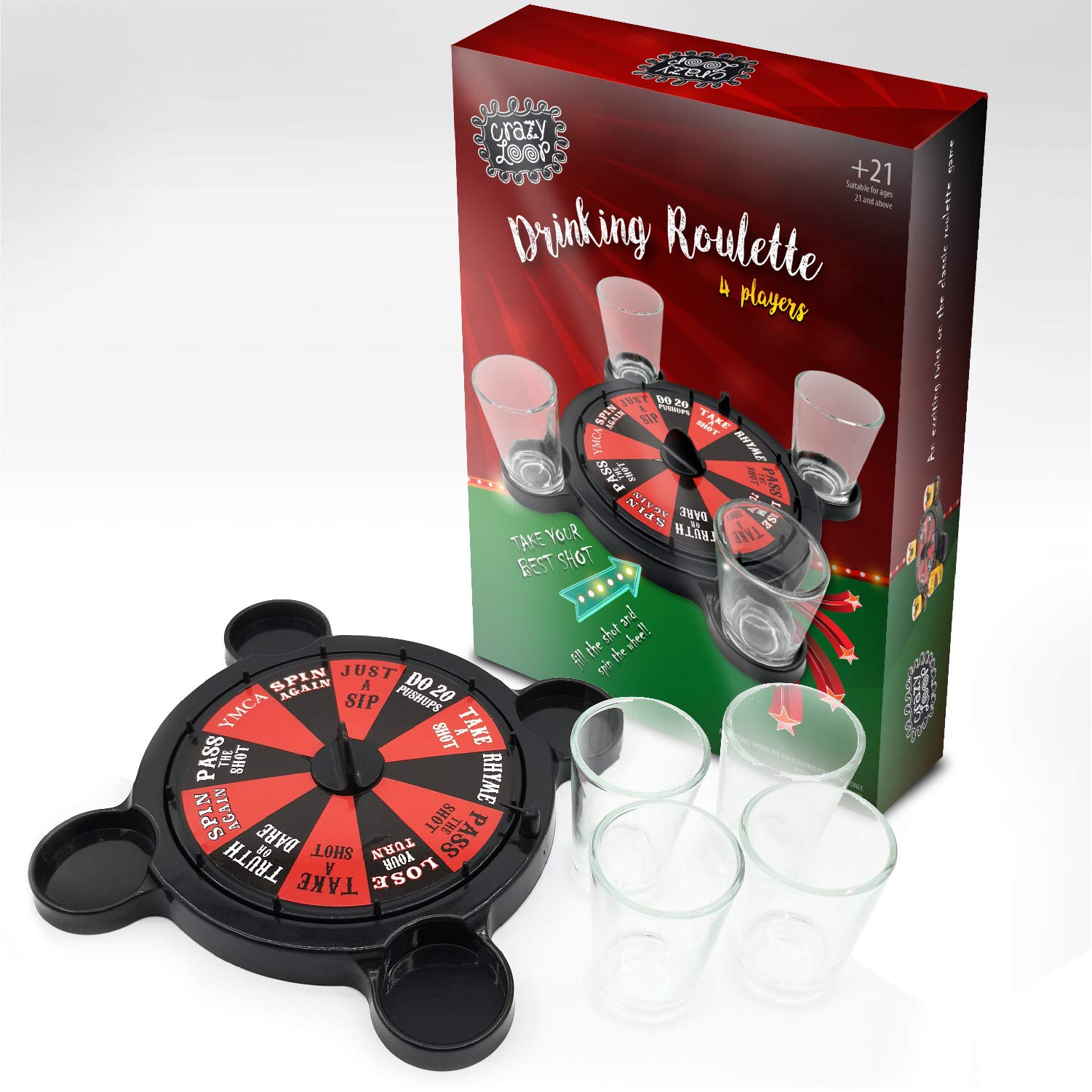 Roulette Shots Drinking Games Set for Adults Party with Glass Shots. Adult Buzzed Game. Best Fun Casino Night Party. 4 Players. Birthdays Halloween uno Man Caves Bachelorette Bachelor Cards Parties