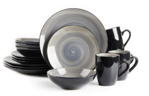 homevss, stoneware sonoma 16pc dinnerware set, black + speckled spin wash grey