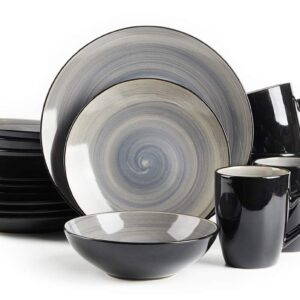 HomeVss, Stoneware Sonoma 16pc Dinnerware Set, Black + Speckled Spin Wash Grey