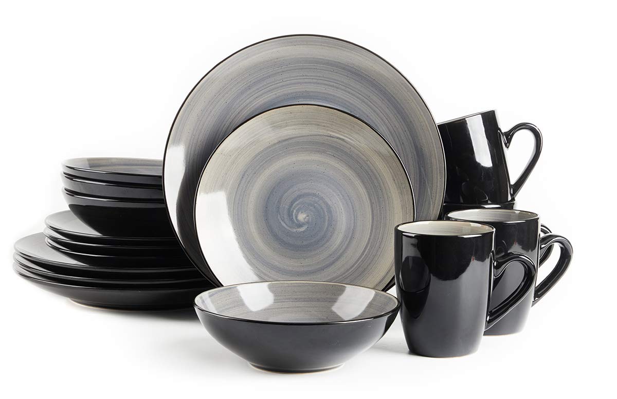 HomeVss, Stoneware Sonoma 16pc Dinnerware Set, Black + Speckled Spin Wash Grey