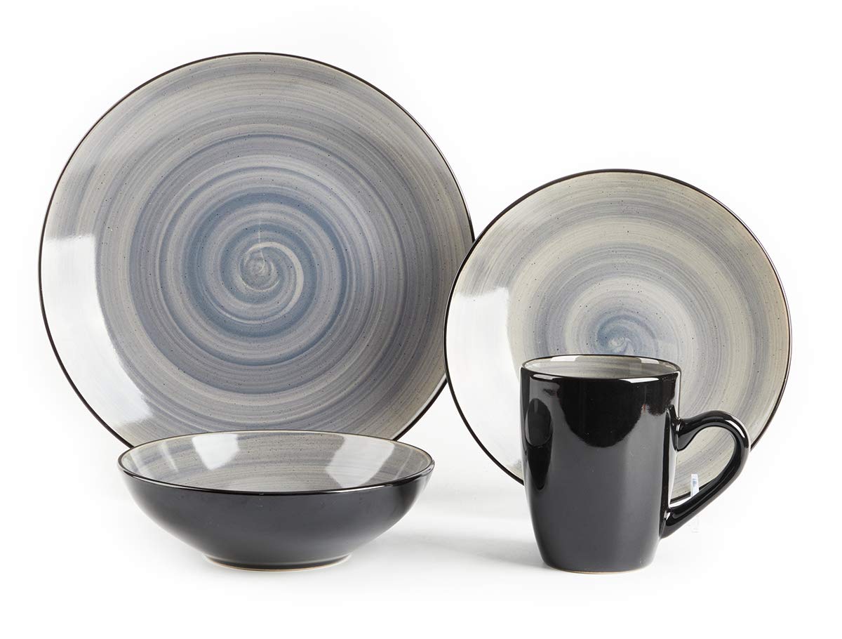 HomeVss, Stoneware Sonoma 16pc Dinnerware Set, Black + Speckled Spin Wash Grey