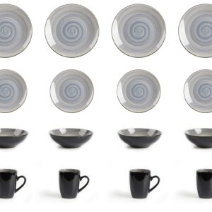 HomeVss, Stoneware Sonoma 16pc Dinnerware Set, Black + Speckled Spin Wash Grey