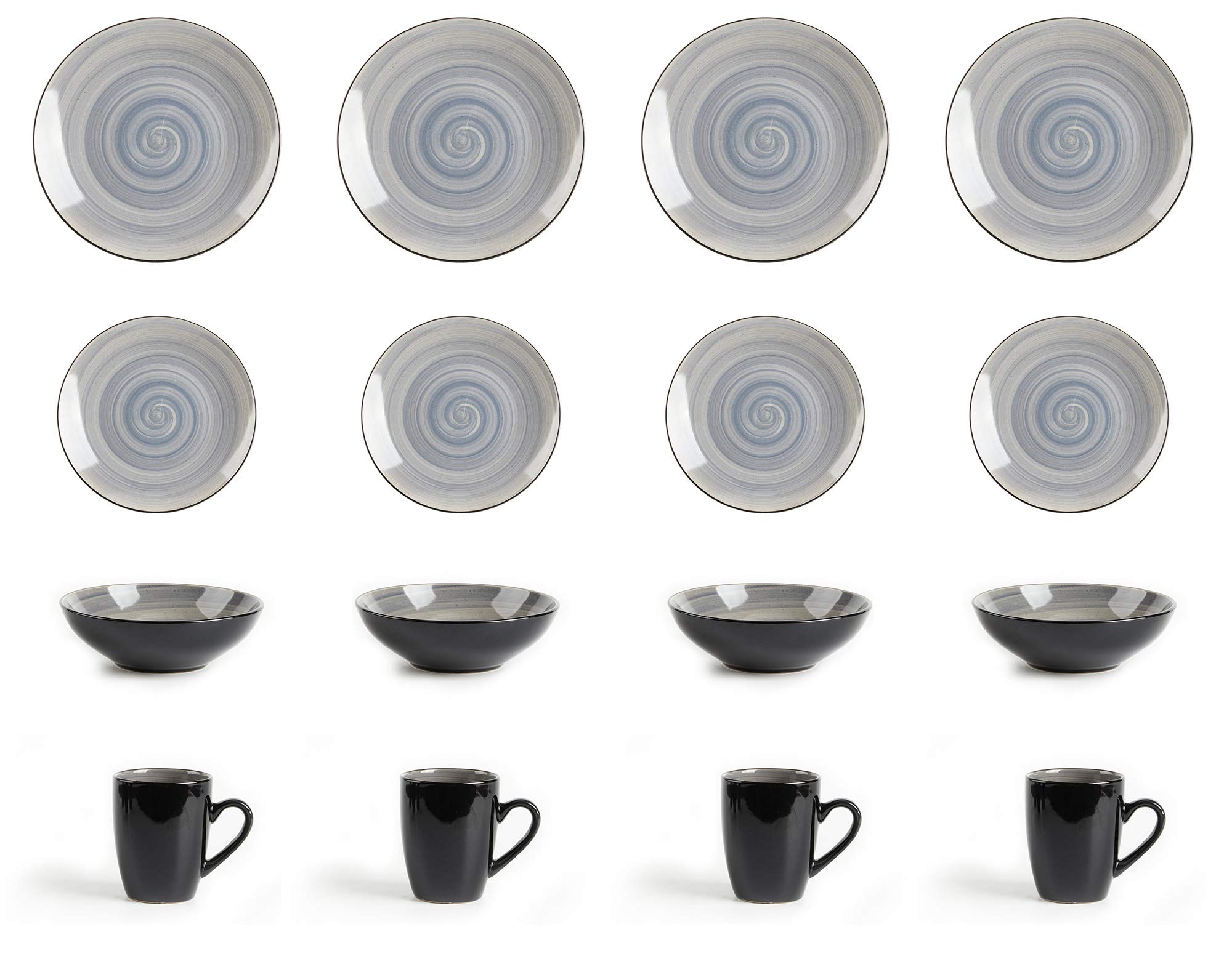 HomeVss, Stoneware Sonoma 16pc Dinnerware Set, Black + Speckled Spin Wash Grey