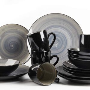 HomeVss, Stoneware Sonoma 16pc Dinnerware Set, Black + Speckled Spin Wash Grey