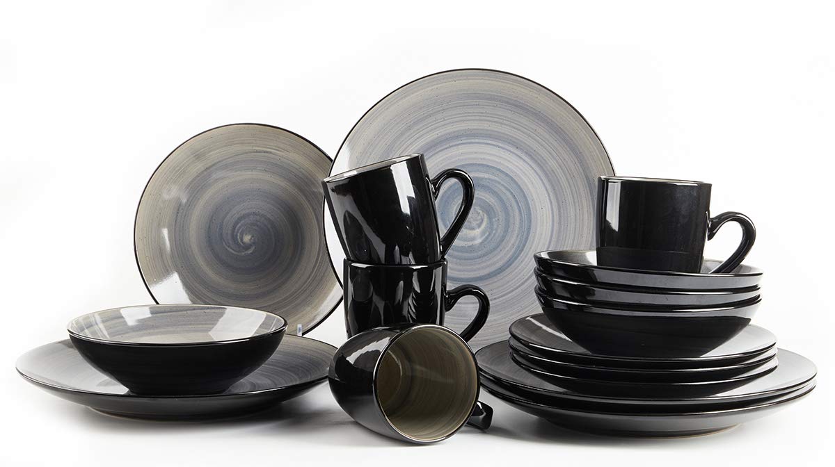 HomeVss, Stoneware Sonoma 16pc Dinnerware Set, Black + Speckled Spin Wash Grey