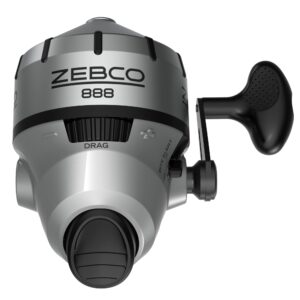 zebco 888 spincast fishing reel, size 80 reel, changeable right- or left-hand retrieve, built-in bite alert, 2.6:1 gear ratio, pre-spooled with 25 lb zebco line, silver