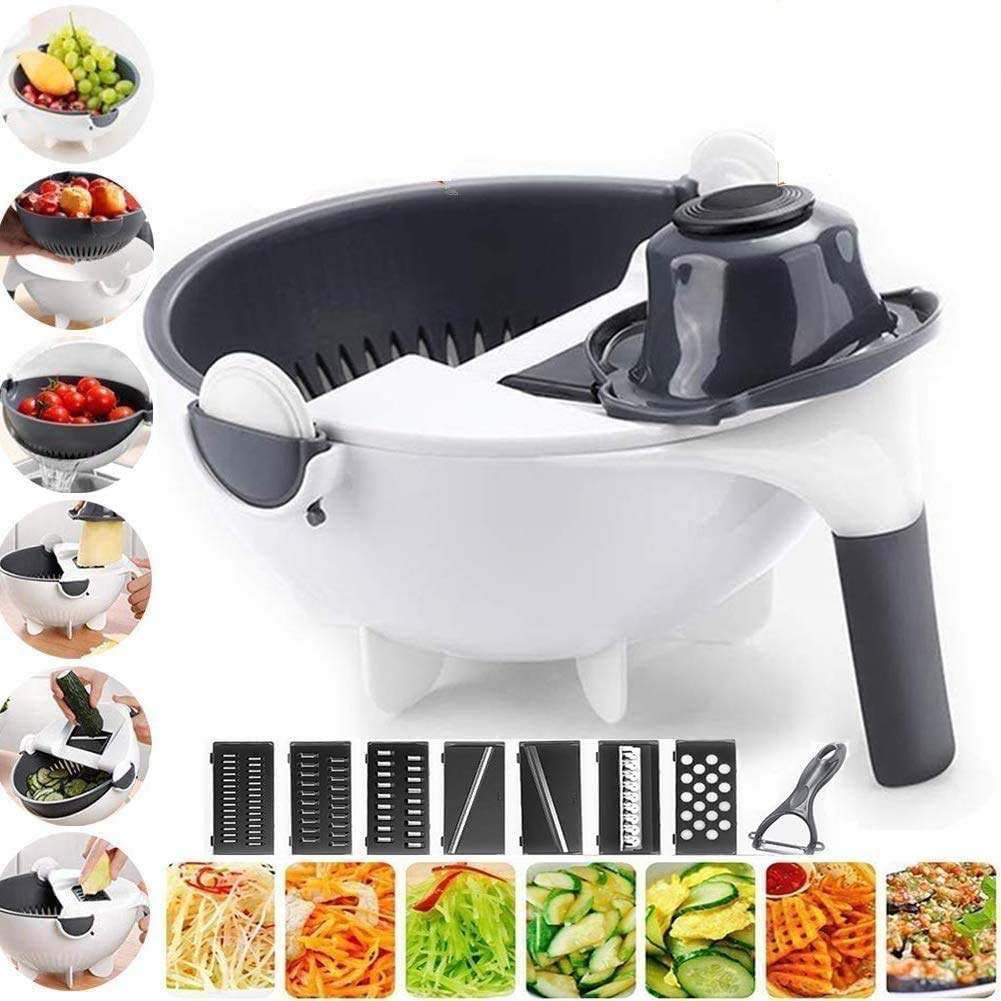 E-Universal 9 in 1 Multifunction Rotate Vegetable Cutter with Drain Basket Large Capacity Vegetables Chopper Veggie Shredder Grater Portable Slicer Kitchen Tool