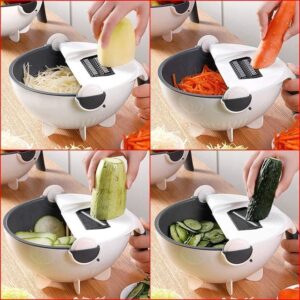 E-Universal 9 in 1 Multifunction Rotate Vegetable Cutter with Drain Basket Large Capacity Vegetables Chopper Veggie Shredder Grater Portable Slicer Kitchen Tool