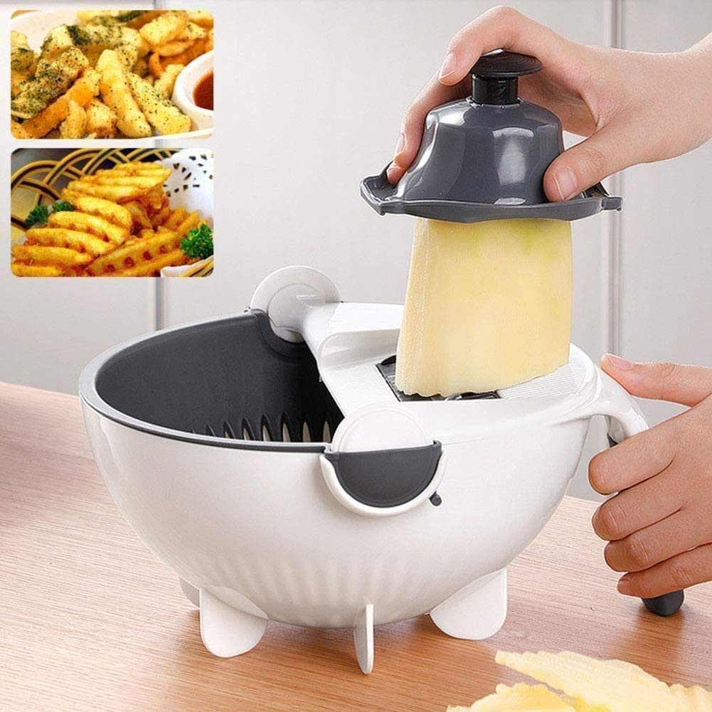 E-Universal 9 in 1 Multifunction Rotate Vegetable Cutter with Drain Basket Large Capacity Vegetables Chopper Veggie Shredder Grater Portable Slicer Kitchen Tool