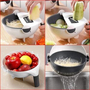 E-Universal 9 in 1 Multifunction Rotate Vegetable Cutter with Drain Basket Large Capacity Vegetables Chopper Veggie Shredder Grater Portable Slicer Kitchen Tool