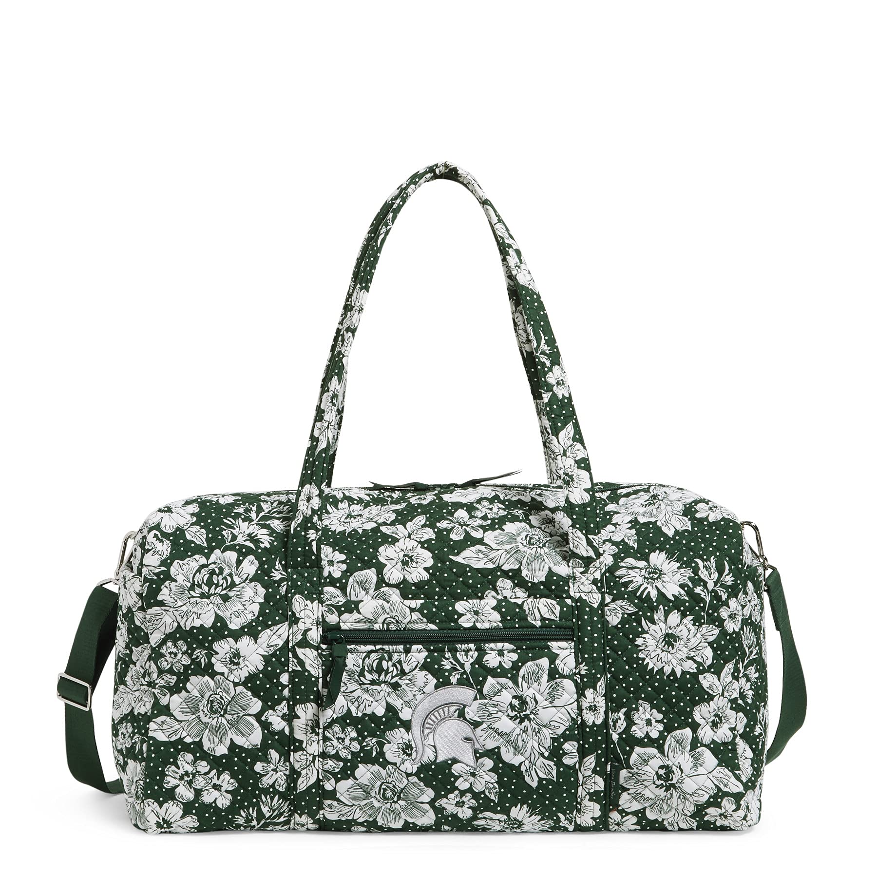 Vera Bradley Women's Cotton Collegiate Large Travel Duffle Bag (Multiple Teams Available), Michigan State University Dark Green/White Rain Garden - Recycled Cotton, One Size