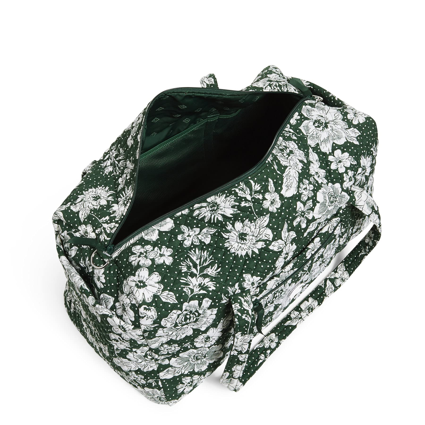 Vera Bradley Women's Cotton Collegiate Large Travel Duffle Bag (Multiple Teams Available), Michigan State University Dark Green/White Rain Garden - Recycled Cotton, One Size