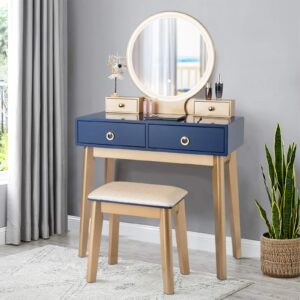 goflame vanity table set 3 color led lighting modes touch screen dimming mirror, jewelry divider dressing table with round mirror and soft cushioned stool, 4 drawers storage shelf (navy)