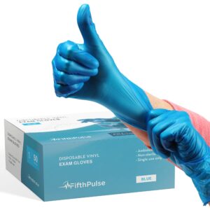 blue vinyl disposable gloves large 50 pack - latex free, powder free, medical exam, surgical, home, cleaning, and food gloves - 3 mil thickness