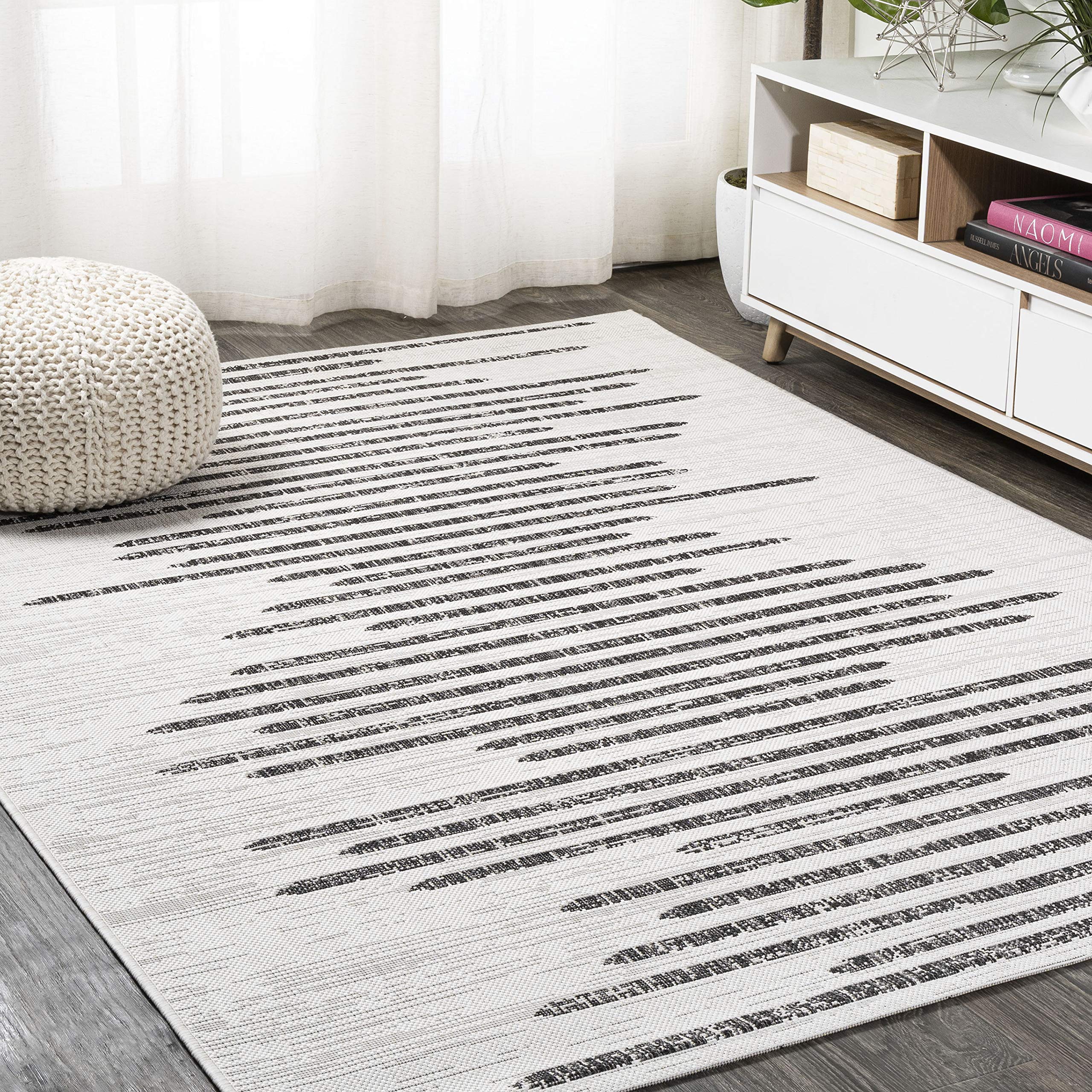 JONATHAN Y SMB124D-8 Zolak Berber Stripe Geometric Indoor Outdoor Area-Rug Bohemian Contemporary Easy-Cleaning Bedroom Kitchen Backyard Patio Non Shedding, 8 X 10, Ivory/Black