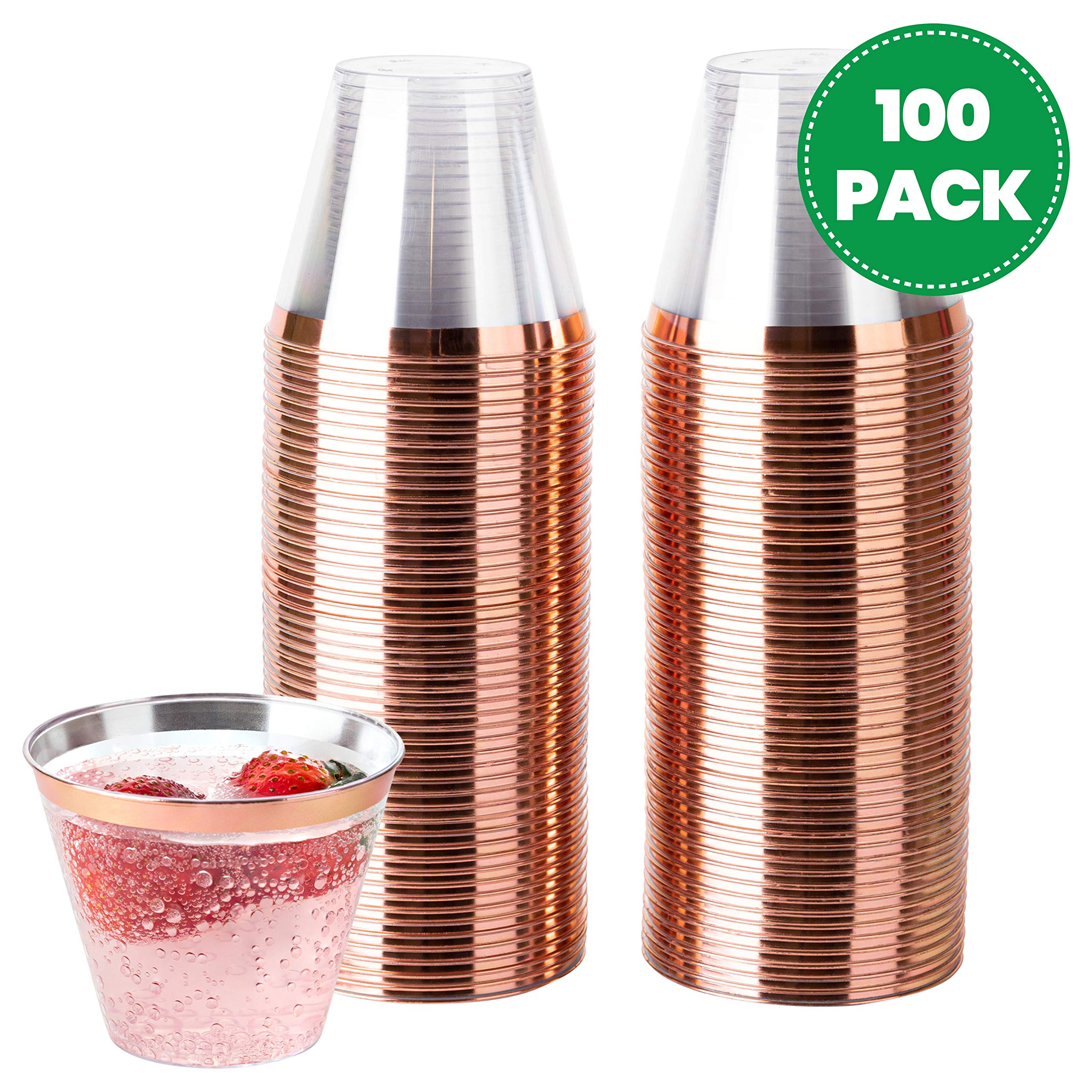 PLASTICPRO 9 oz Disposable Plastic Party Cups,Old fashioned Designed Tumblers, Crystal Clear (Clear With Rose Gold Rim, 100)