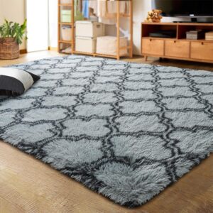 lochas luxury shag area rug 6x9 feet geometric plush fluffy rugs, extra soft carpet moroccan rugs for bedroom living room dorm kids, high pile shaggy floor rug decor, grey/black