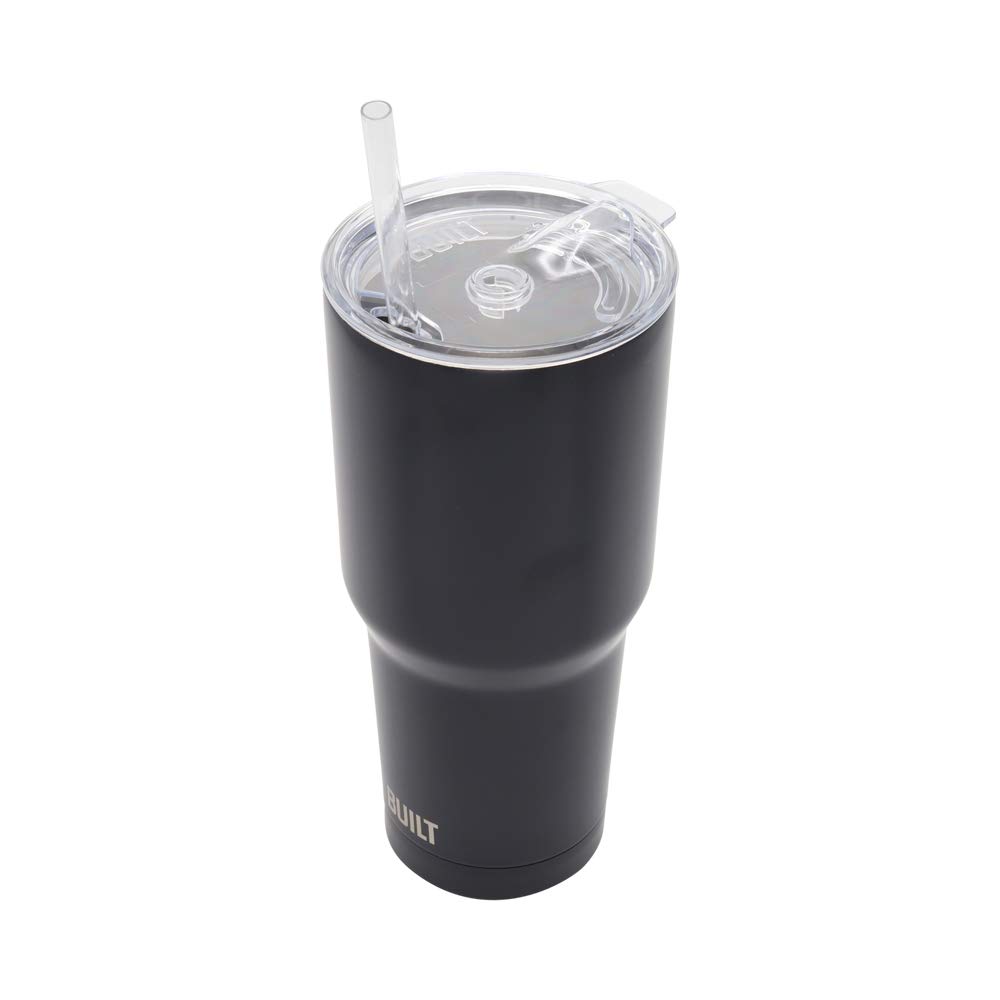 BUILT Double Walled Stainless Steel Tumbler Set with Replacement Lid, 2 Reusable Tritan Wire Straw Cleaning Brush in Gift Box, 1 Count (Pack of 1), Black, 30 fl.oz.