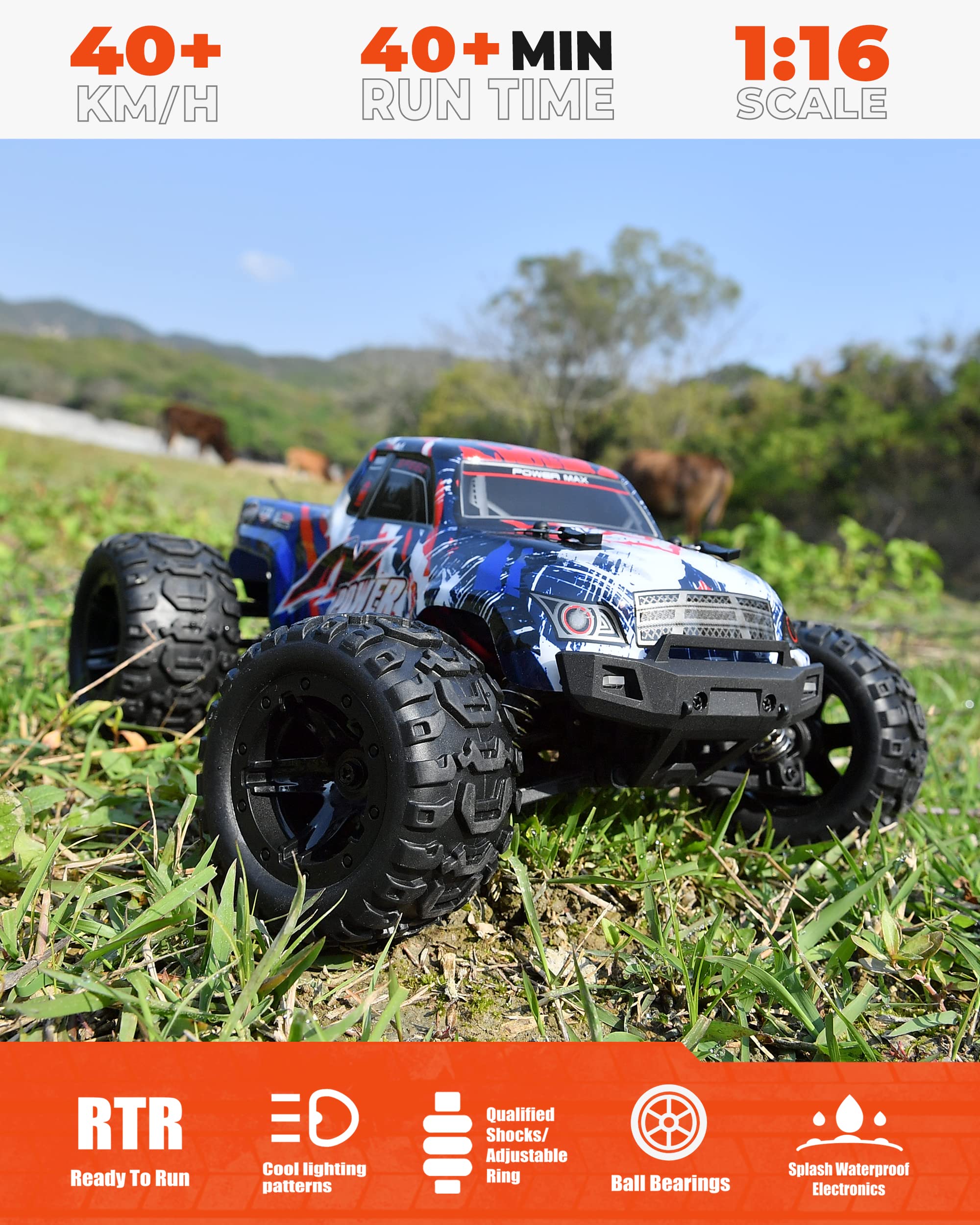 BEZGAR HM161 Hobby Grade 1:16 Scale Remote Control Truck, 4WD High Speed 40+ Kmh All Terrains Electric Toy Off Road RC Vehicle Car Crawler with 2 Rechargeable Batteries for Boys Kids and Adults